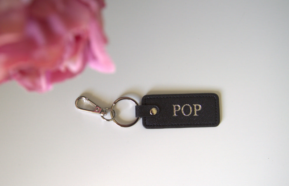MONOGRAMMED BLACK RECTANGLE LEATHER KEYRING (SILVER HARDWARE ...